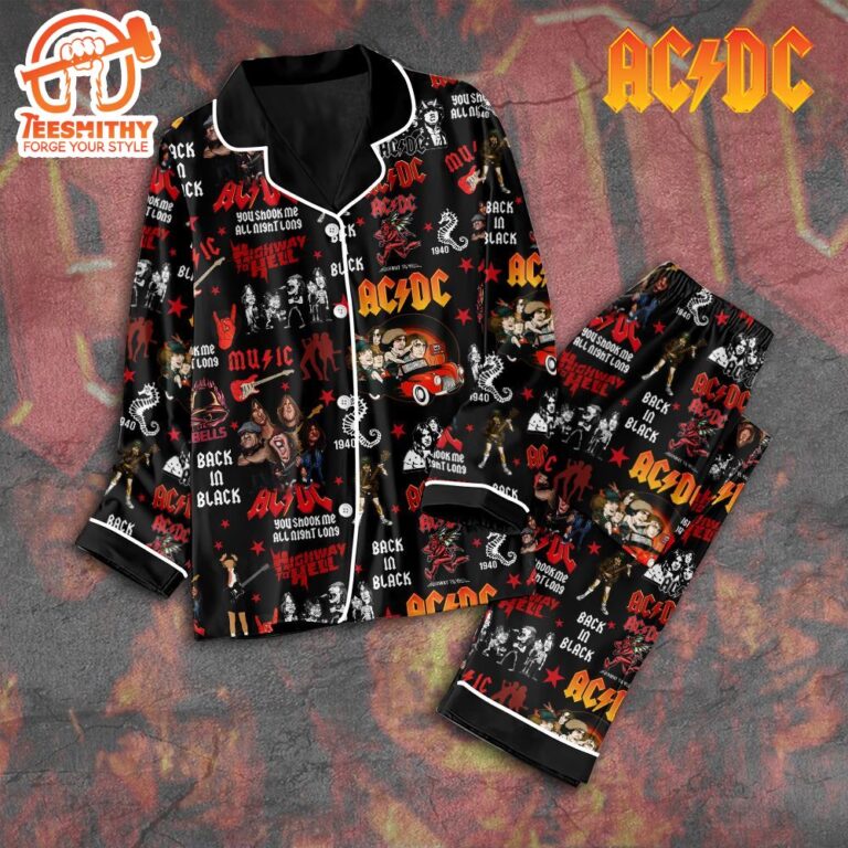 ACDC Rock And Roll Button Down Pajamas Set - Teesmithy