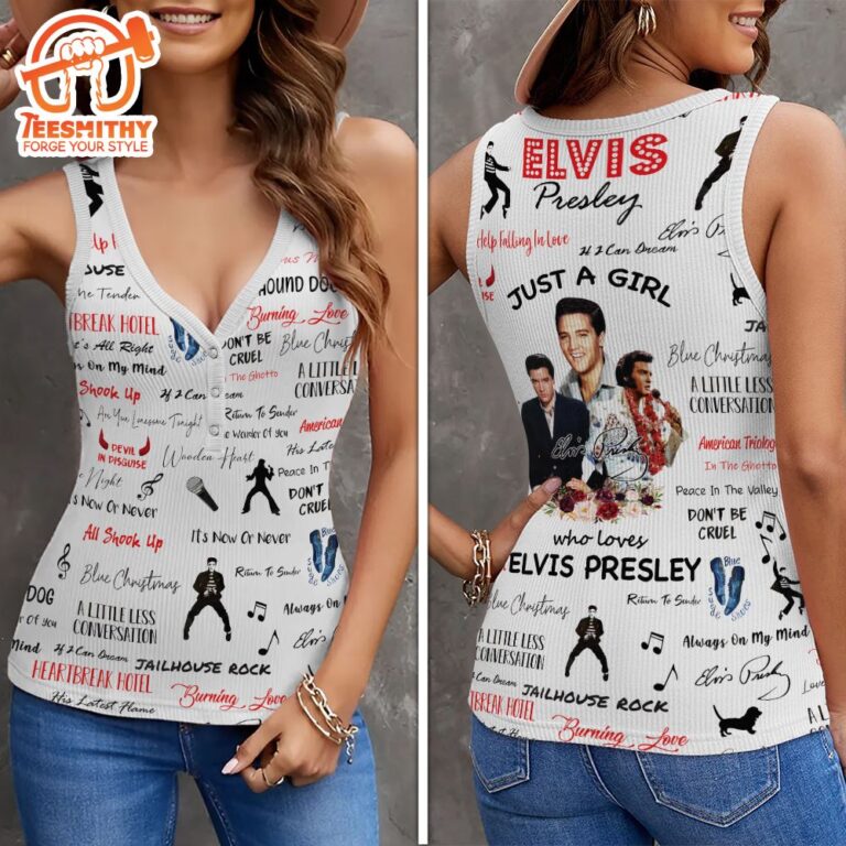 Elvis Presley Elvis Presley Lovers Women V-Neck Ribbed Tank Top - Teesmithy